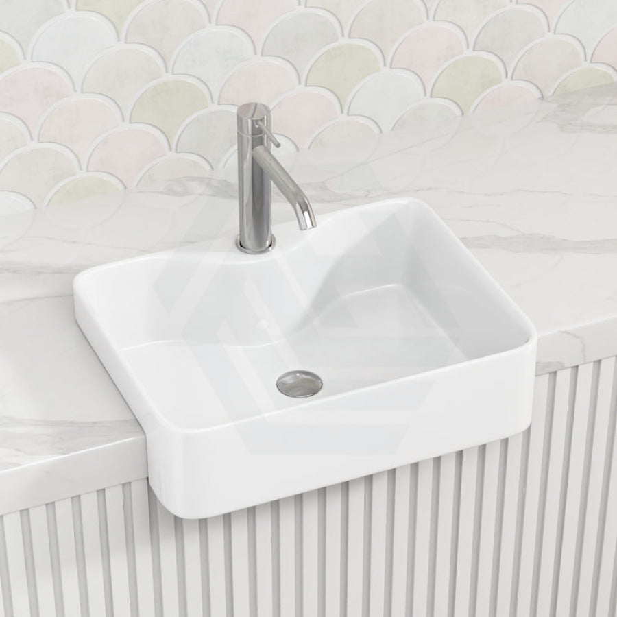 Semi Recessed Ceramic Basin Gloss White Rectangle Tap Hole